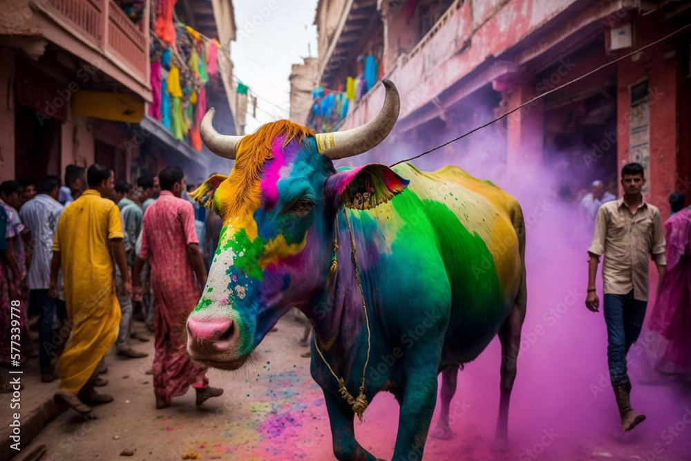 Holi festival | cow with vibrant colors of Holi powder on its coat ...