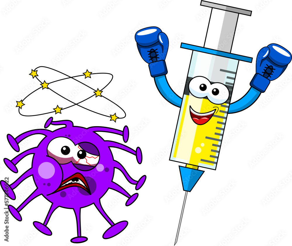 Syringe cartoon characters or mascots combating or fighting boxers ...
