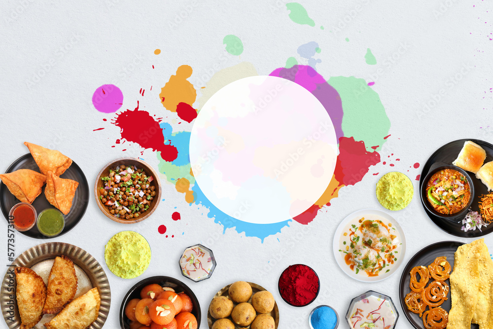 Assorted Indian Holi festival food like samosa, kachori, Puri bhaji ...