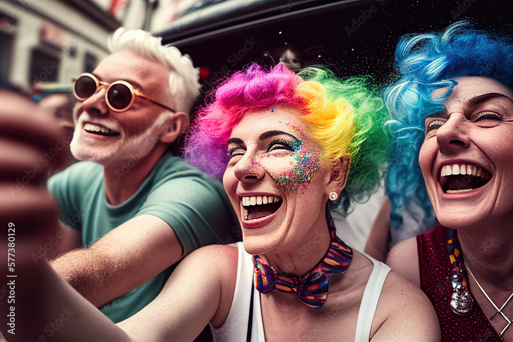 Happy people meeting at the pride festival. Group of three people ...