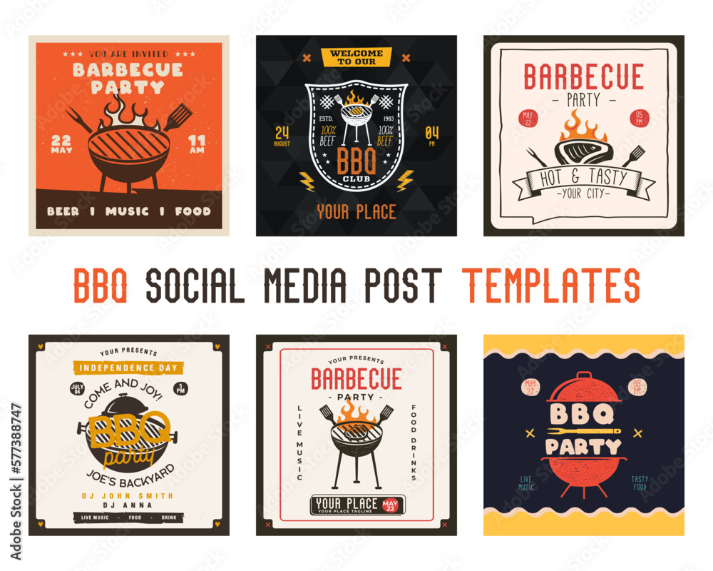 Retro BBQ party card templates set. BBQ grill square cards for social ...