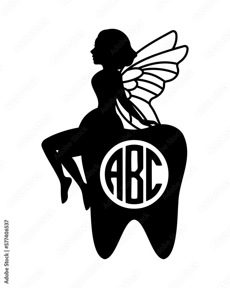 Fairy sitting on the tooth monogram. Dental monogram. Little creature ...
