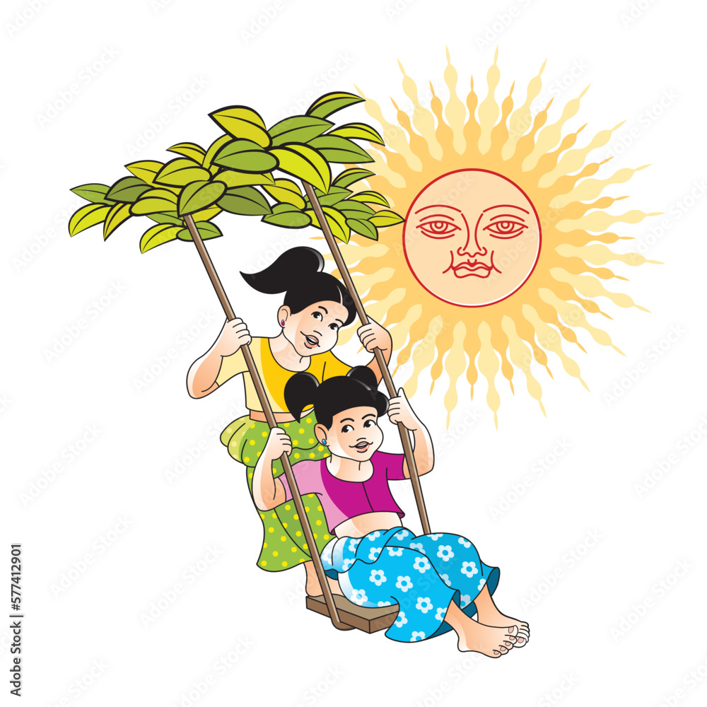 Sinhala new year girls swing vector drawing Stock Vector | Adobe Stock
