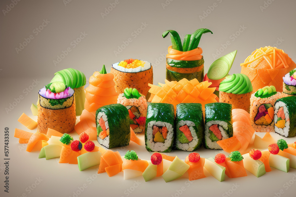 Generative ai fresh beautiful sushi setup with salmon maki and ...