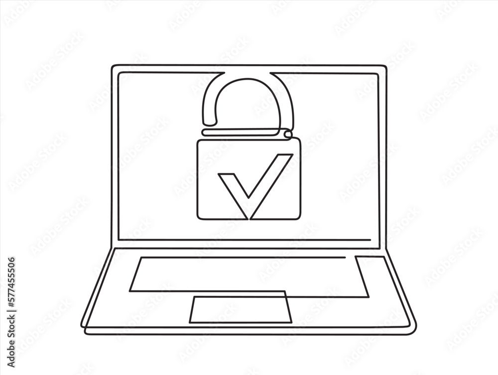 continuous one single line drawing of laptop and padlock with check ...