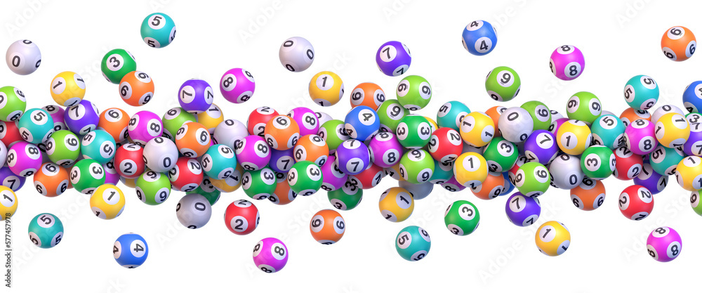 Flying lottery balls. Lot of colorful bingo balls with numbers flying ...