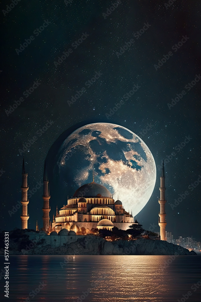 Ilustração Mosque holy night sky, big moon, islamic night and Bosphorus ...