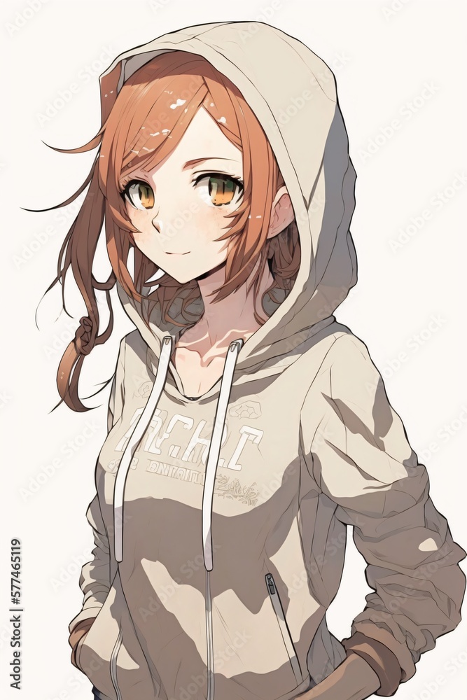 Jeune fille portant un pull à capuche, hoodie, dessin façon manga, fond ...
