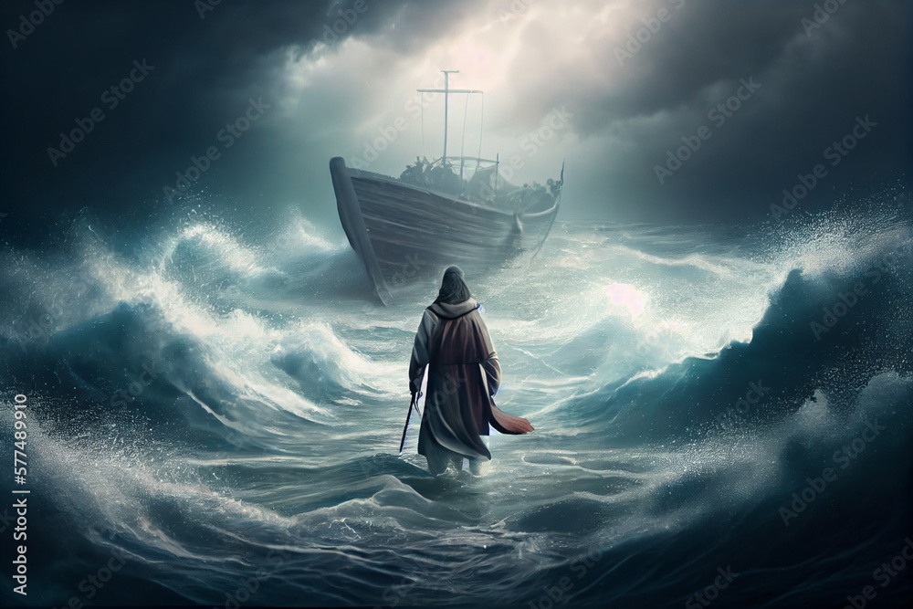 Jesus walks on water across the sea towards a boat during a storm ...