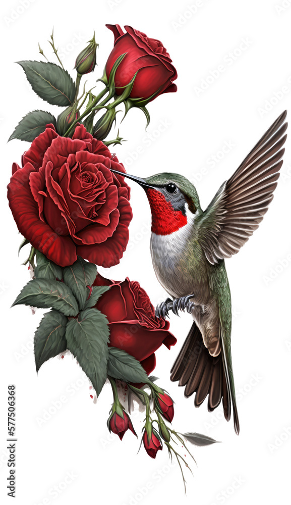 isolated hummingbirds, flowers, roses, spring illustration, transparent ...