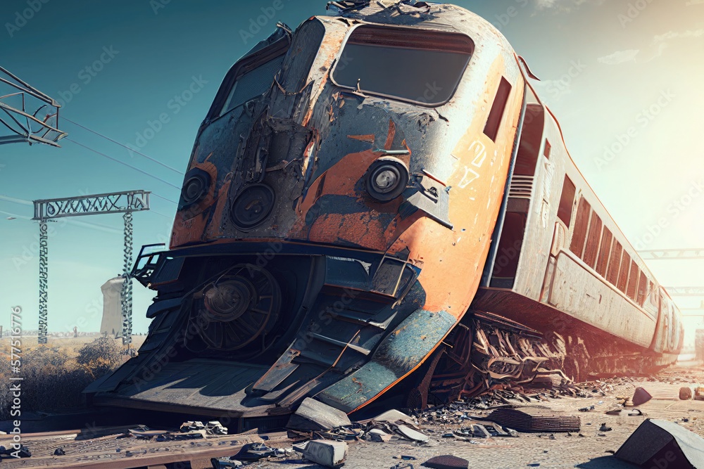 Passenger train crash accident. Broken wagons and damaged locomotive on ...