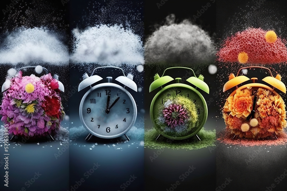 Four seasons of the year in alarm clock, concept of Time Management and ...