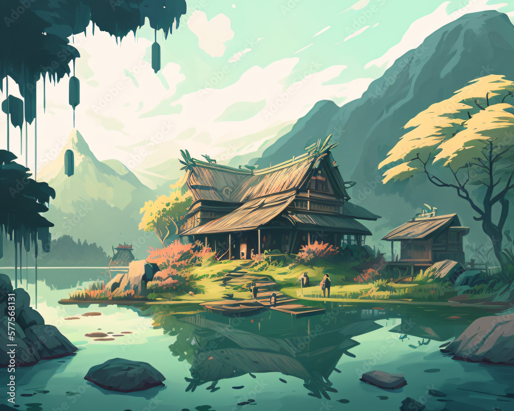 beautiful landscape tropical hut on an island anime cartoon style ...