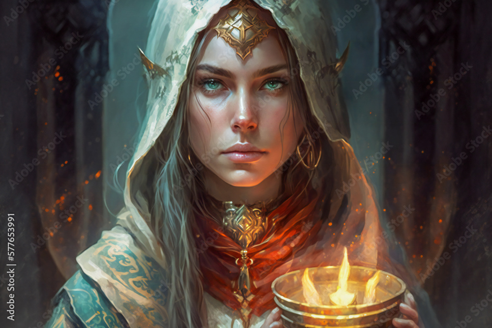Young woman, maybe a priestess or a goddess, with lit candles ...
