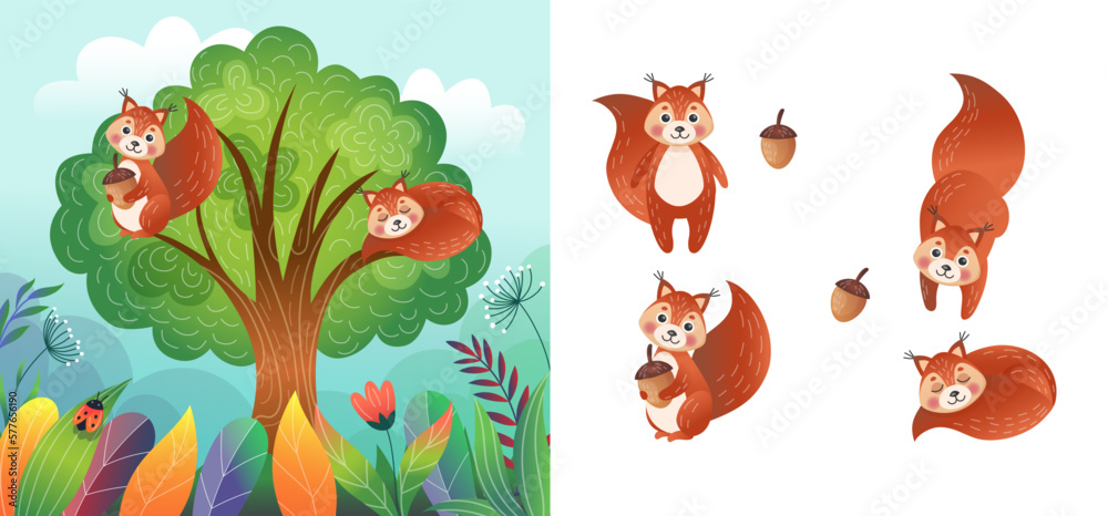 Laughing squirrels on tree. Hilarious wildlife. Children landscape ...