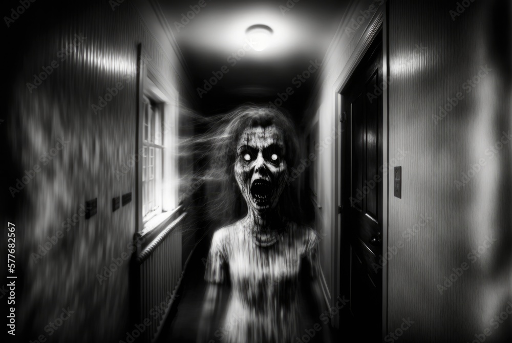 Ghoulish living dead female zombie, hotel hallway, no escape from ...