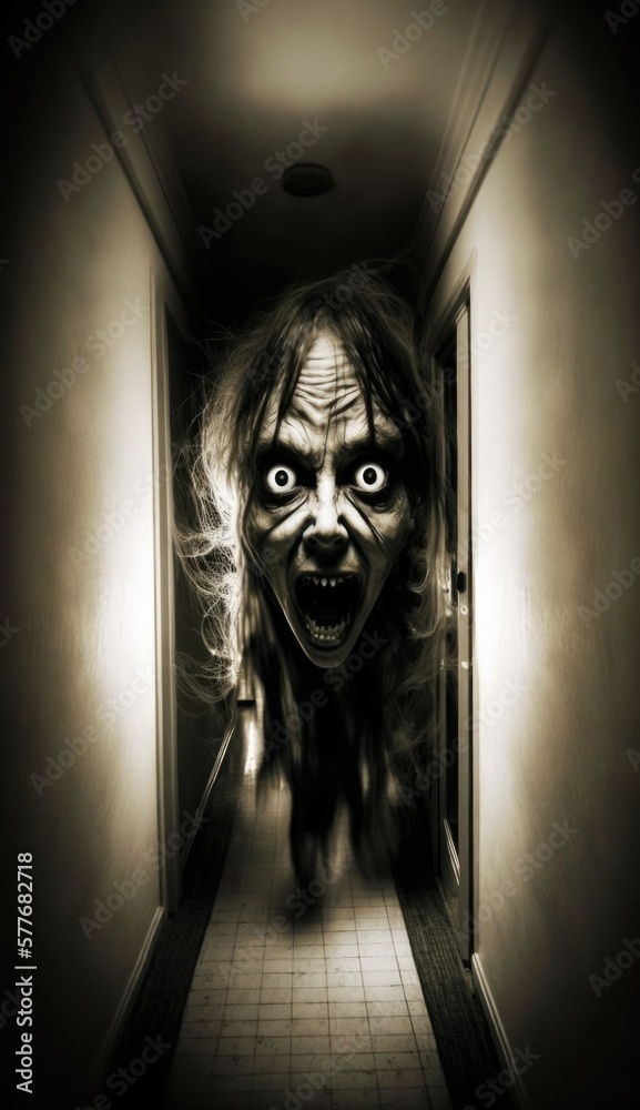Zombie female in terrifying raging anger in hotel hallway, extreme ...