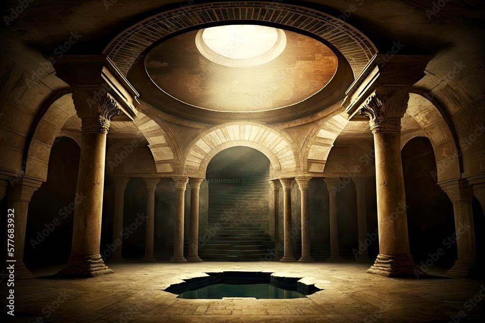 empty ancient cistern with floor and arched top opening in middle of ...