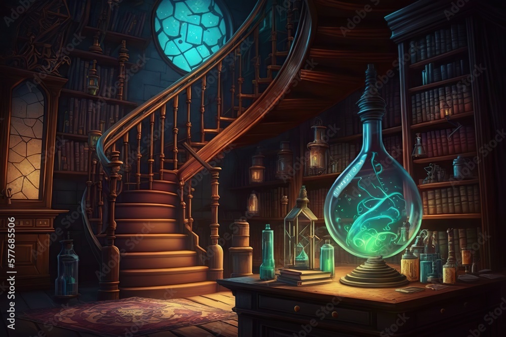 Witch or wizard alchemical laboratory with magic glow. Ai. Alchemist ...