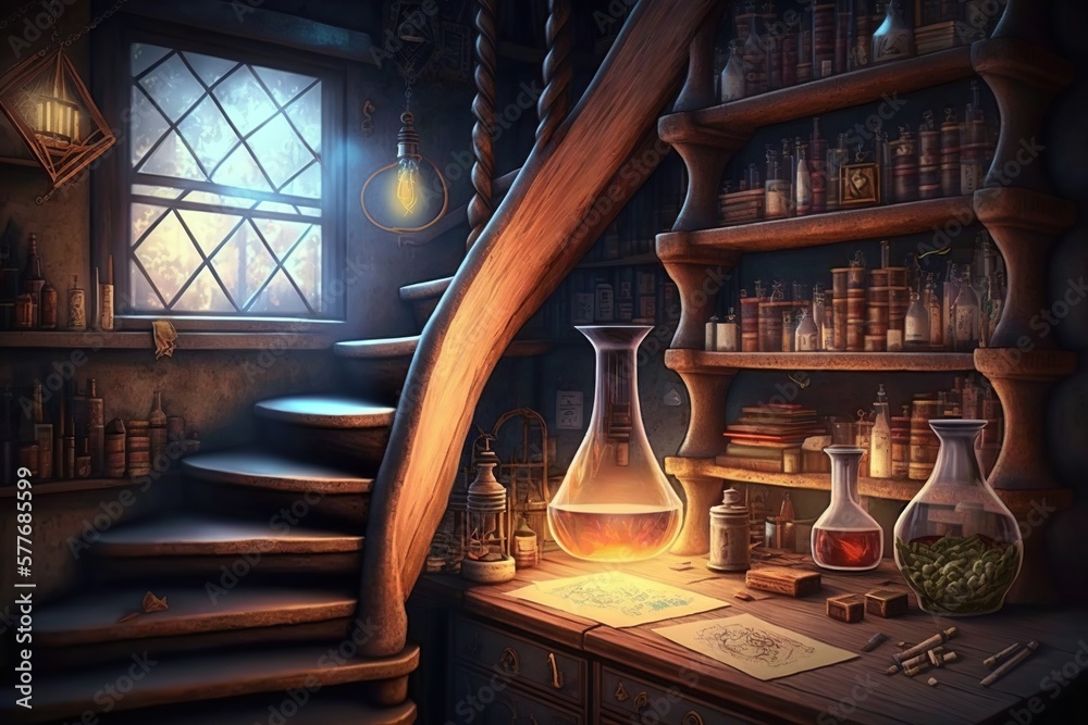 Witch or wizard alchemical laboratory with magic glow. Ai. Alchemist ...