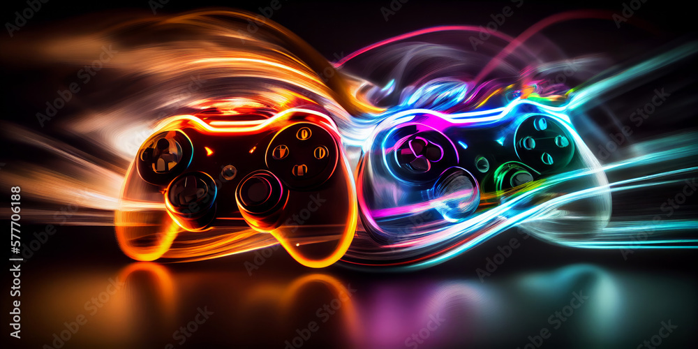 Video game controller with bright neon light streaks. Computer gamer ...