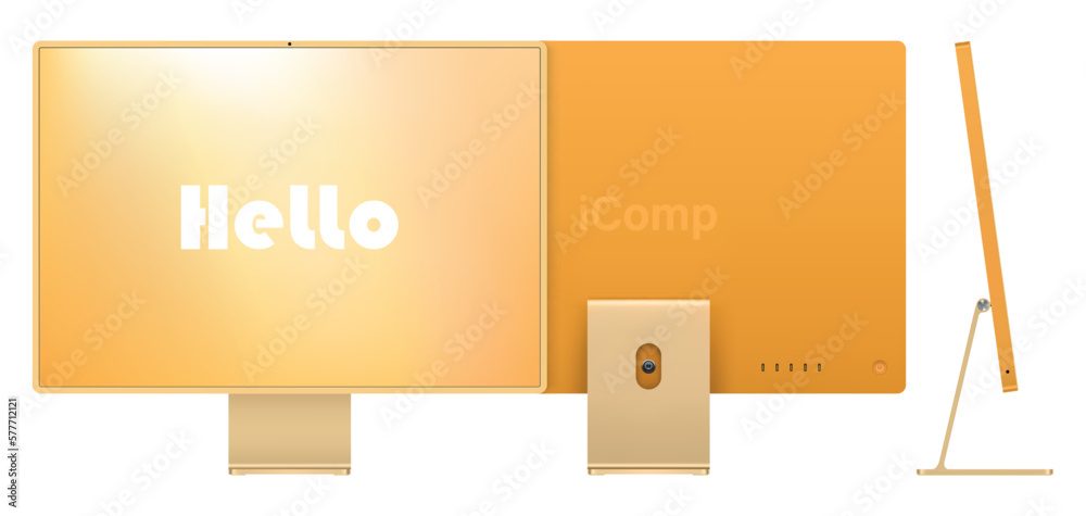 computer display yellow color with colorful screen front, back and side ...