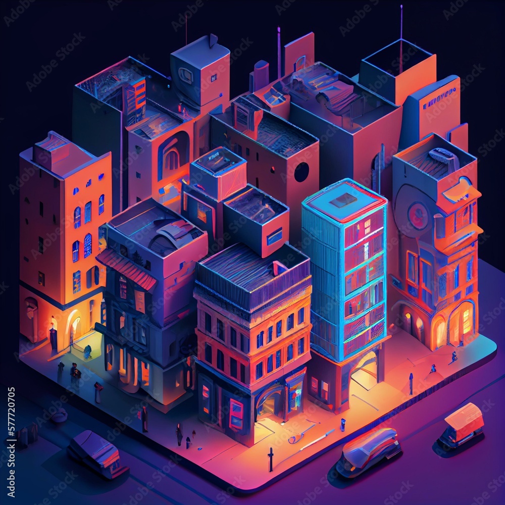 An isometric view of a city of the future, where holographic ...
