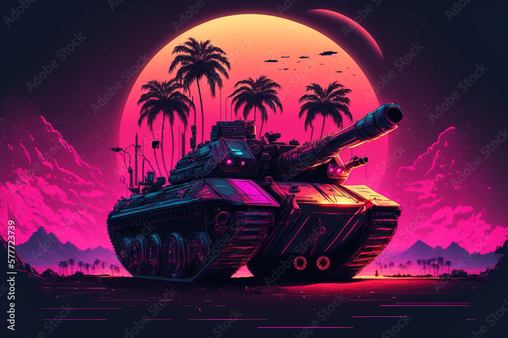 Military armor tank illustrated in retro neon light and vaporwave ...