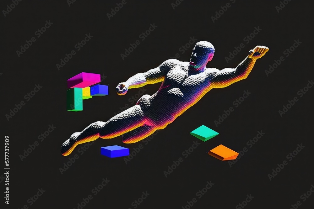 Floating or flying human silhouette with colorful geometric shapes ...