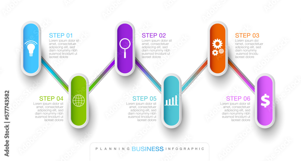 6 step infographic timeline design template. Blank space for content ...
