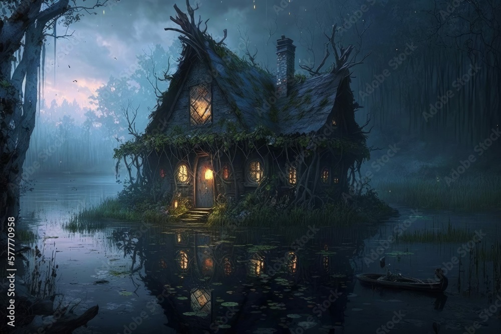 Shabby Creepy Swamp Witch's Hovel, Derelict Shack in a Bog on a Swampy ...