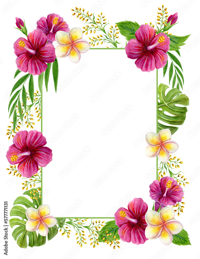 Tropical frame. Hand drawn watercolor painting with Hibiscus rose ...