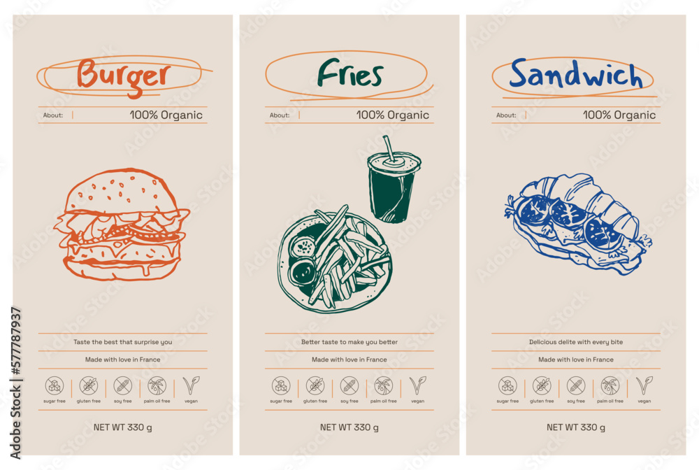 Hand drawn line art food vector packaging label design template. Boho ...