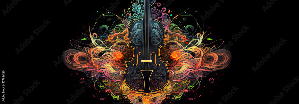 Music violin orchestra colorful ornament, horizontal black background ...