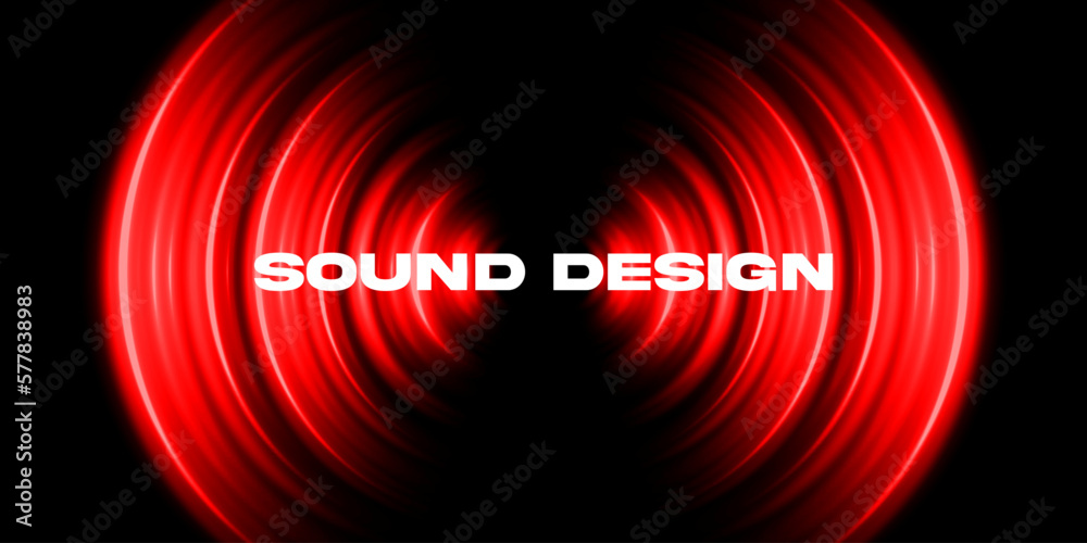 Dark music background with oscillating red light circle sound waves ...