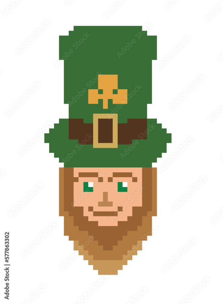 Face of Saint Patrick wearing a green top hat with a golden shamrock ...