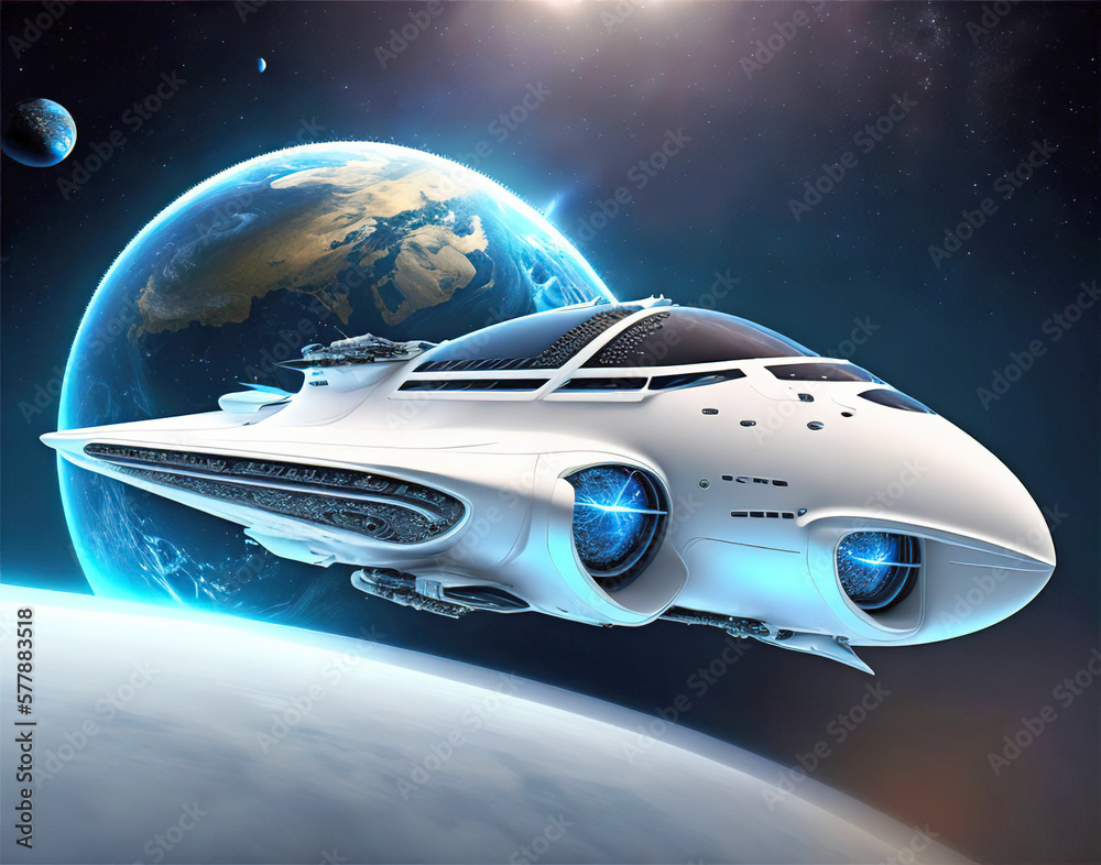 Small sleek white spaceship with dark windows flying past planets in ...