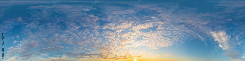 Dark blue sunset sky panorama with golden Cirrus clouds. Seamless hdr ...