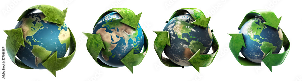 Four different images of the earth surrounded by the recycle logo on a ...