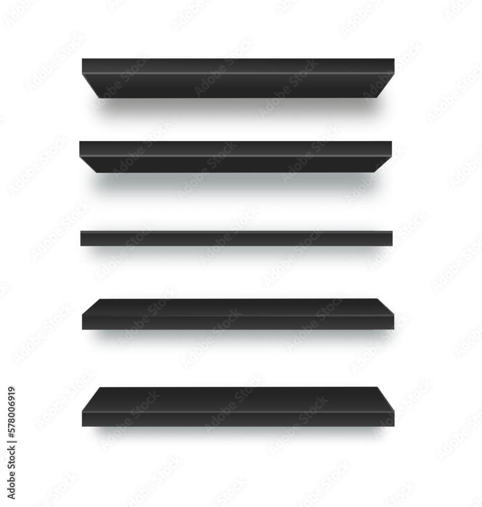 Set of empty wooden store shelves with LED lighting. Product shelf with ...