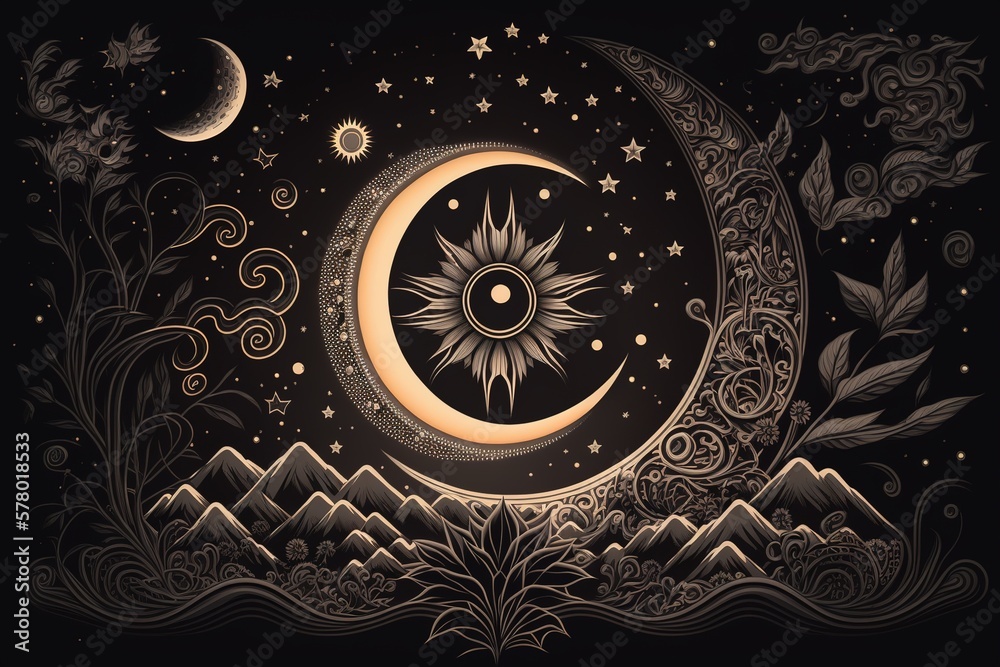 Mystical illustration of moon over landscape. Fine lines style over ...