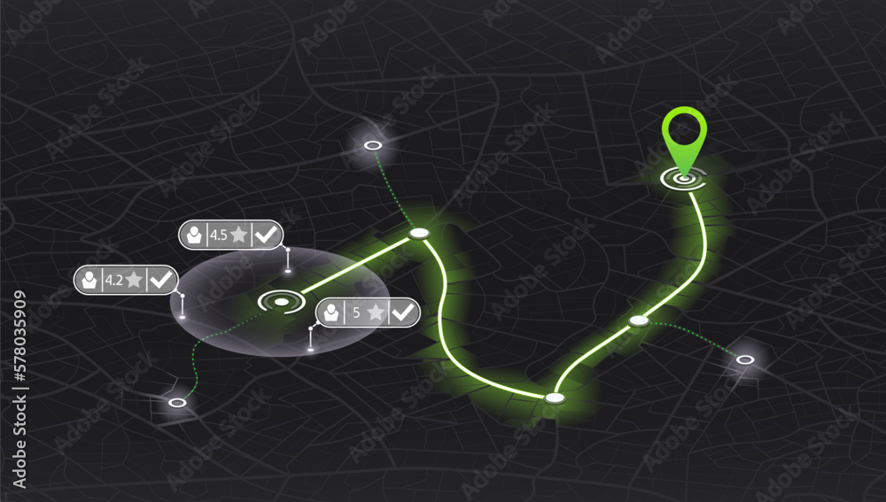 Road direction in digital gps navigation map. Location tracks dashboard ...