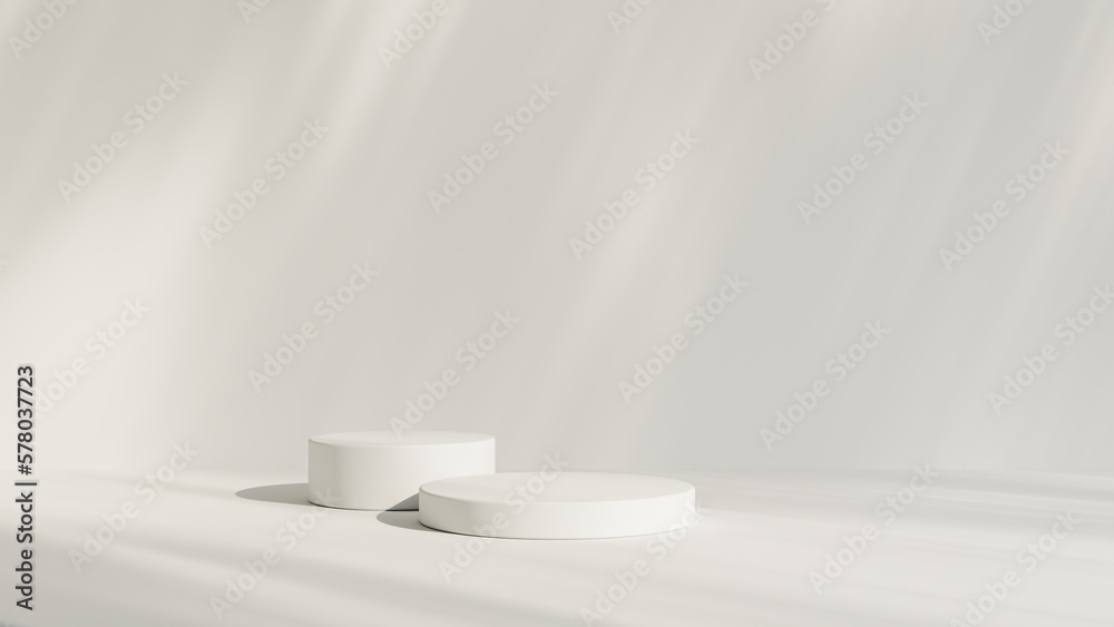 Abstract white room with realistic white cylinder pedestal podium set ...