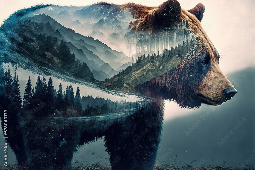 Wondrous brown grizzly bear in outdoor double exposure with natural ...
