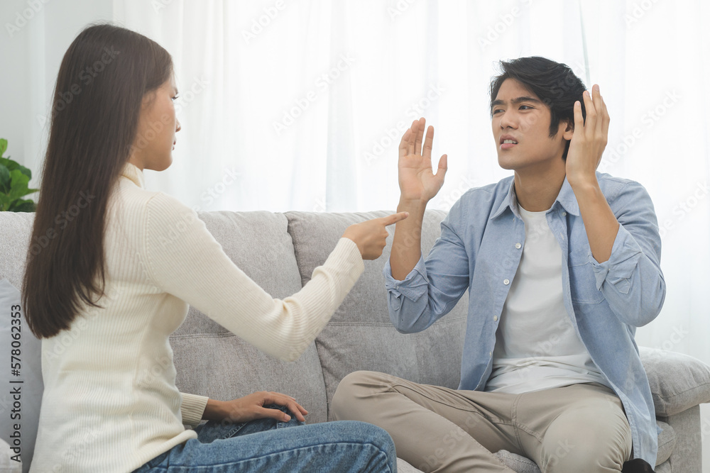 Breakup and depressed, asian young quarrel couple love fight ...