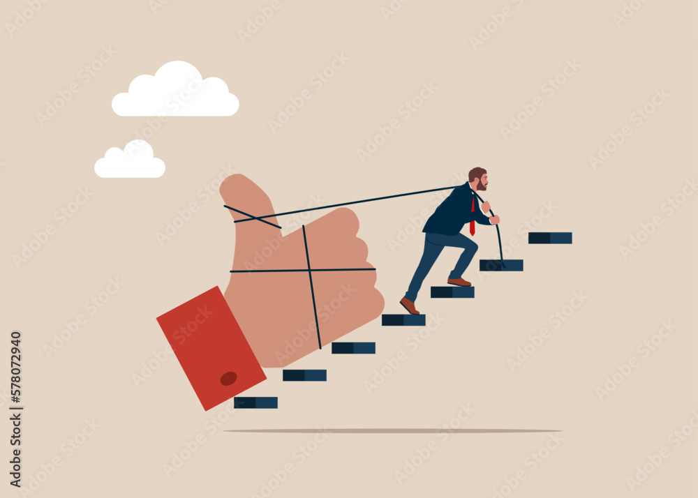 Online networking. Businessman pulling heavy thumbs up icon of social ...