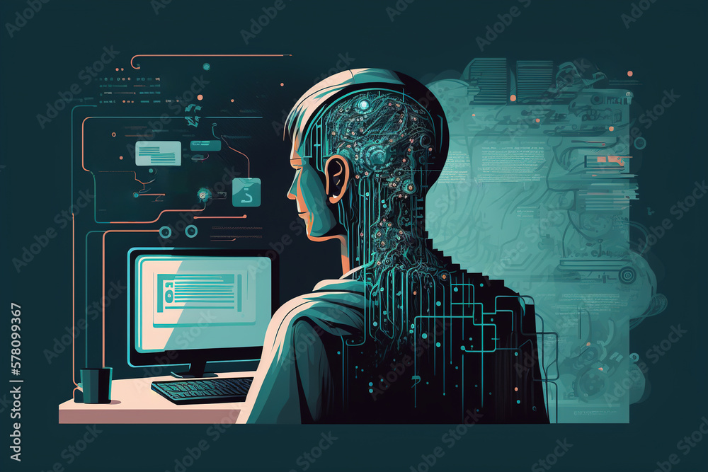Augmented Artificial Intelligence person with computer. Cyberpunk ...