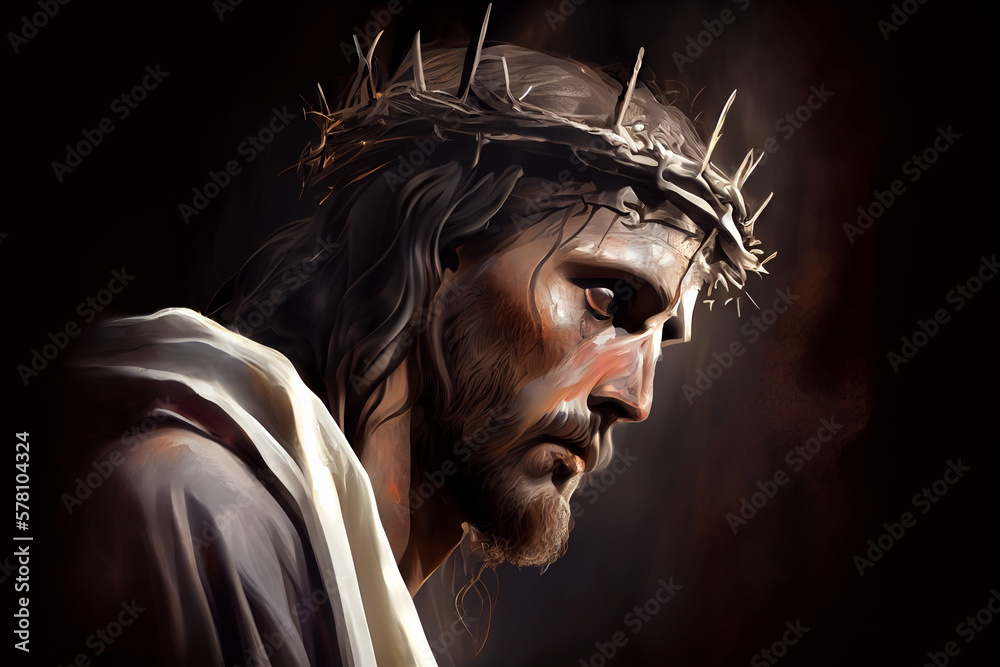 Jesus Christ in crown of thorns. Easter ressurrection face portrait. Generative Ai Stock ...