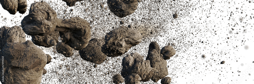 flying rocky debris with dust, isolated on transparent background ...