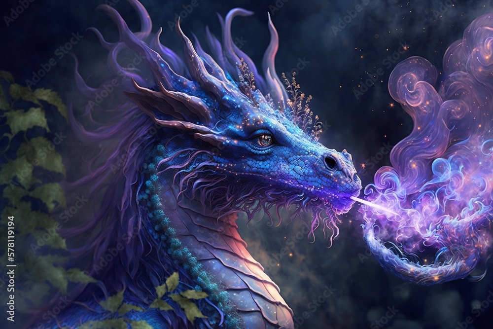 Magical fantasy purple dragon portrait. Generative AI. Stock ...